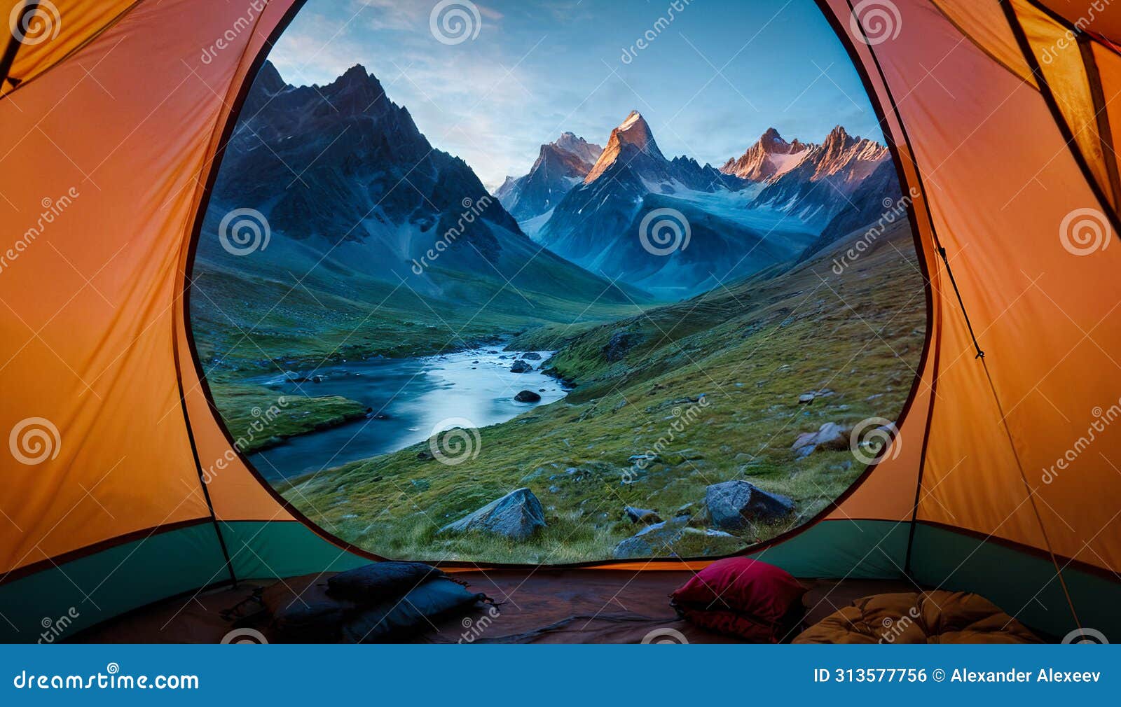 First Person View from Tent Camping, Lake, Mountains Stock Illustration ...