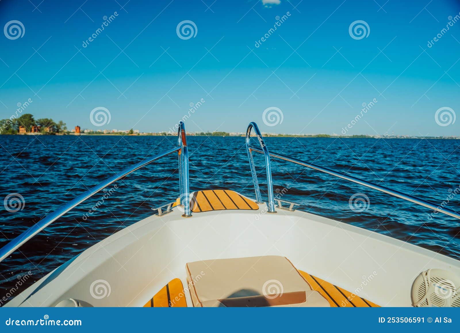 First-person View of the Water Surface. White Luxury Motor Boat. Stock ...