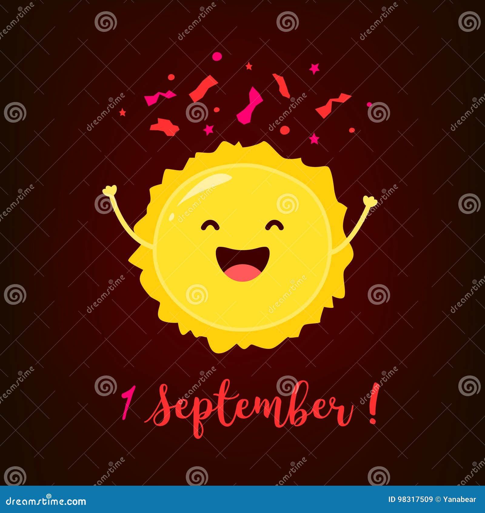 First September Card with Funny Sun and Confetti. Flat Style Stock ...