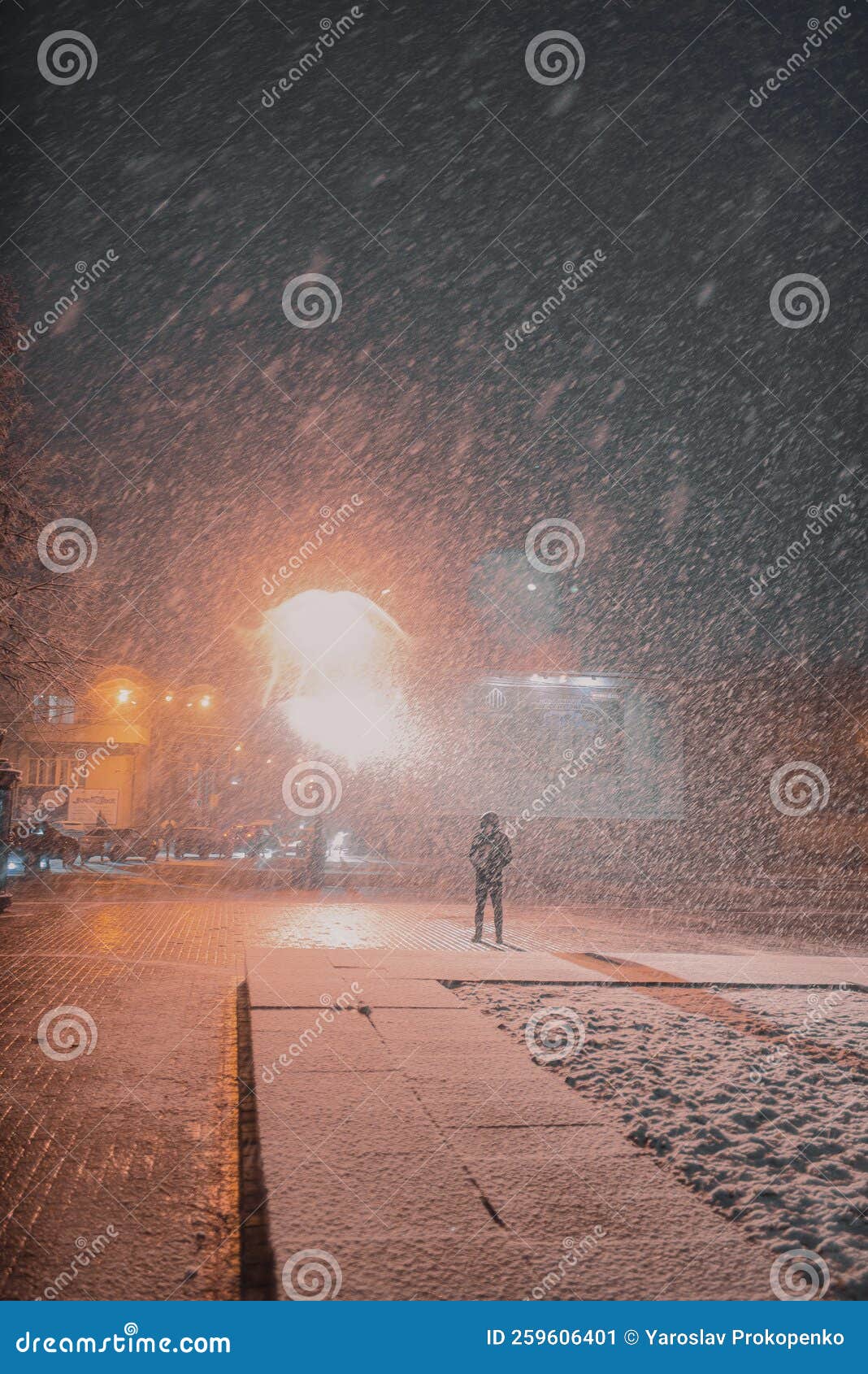 The First Snow in the Night City with a Blurred Background in the Light ...