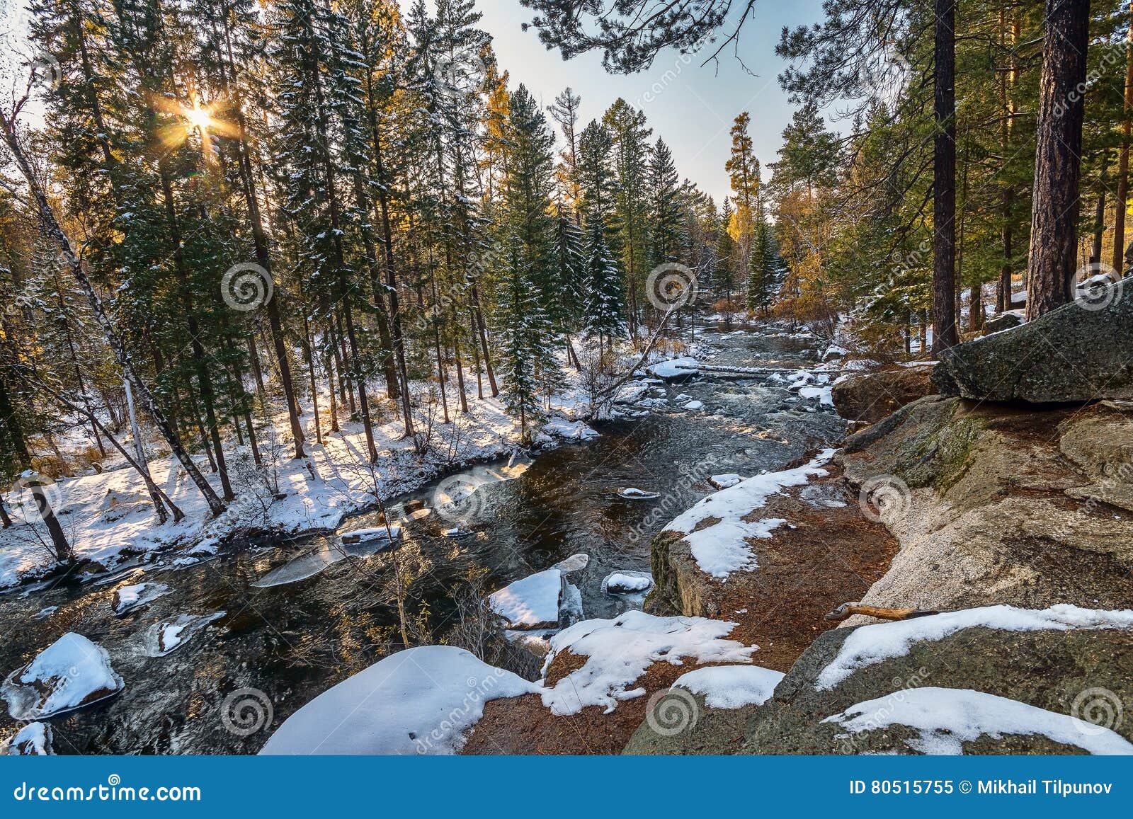 First Snow in the Siberian Taiga Stock Image - Image of river, forest ...