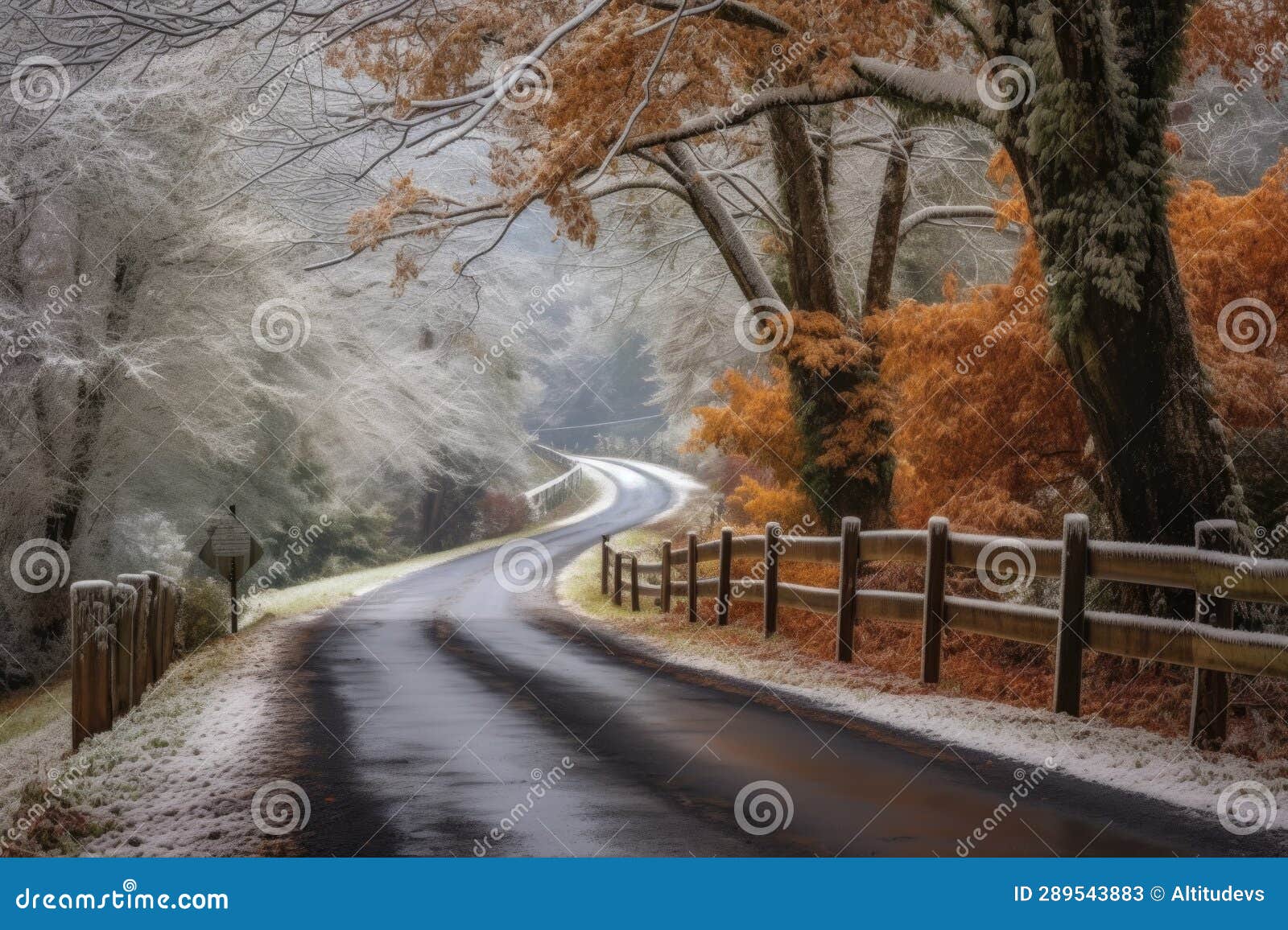First Snowfall on a Winding Country Road Stock Image - Image of rural ...