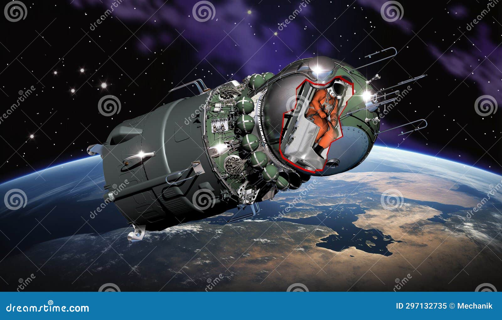 The First Spaceship Cutaway. 3D Illustration. Stock Illustration ...