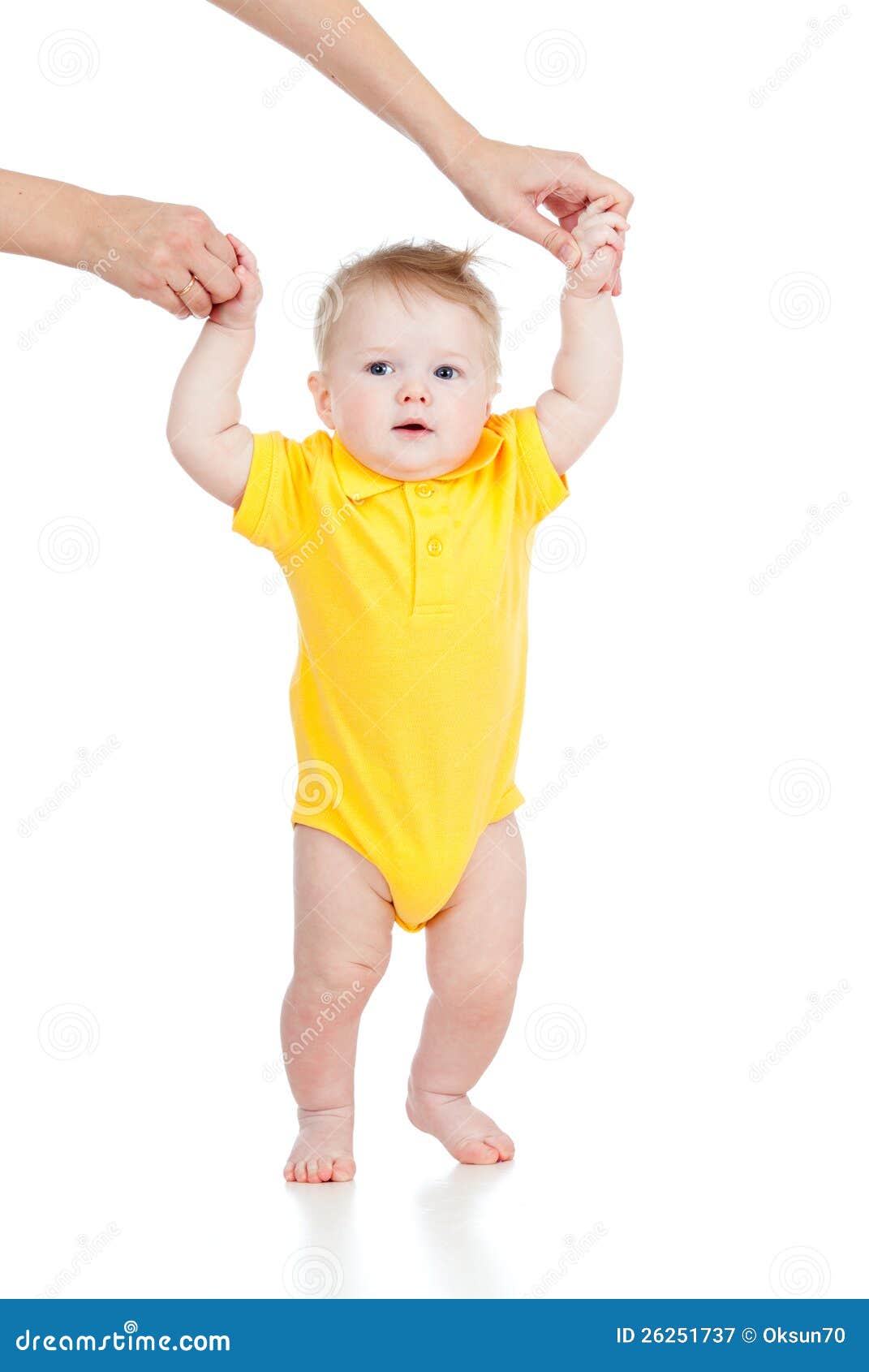 First Steps of Baby Boy with Help of Mothers Hands Stock Image - Image ...