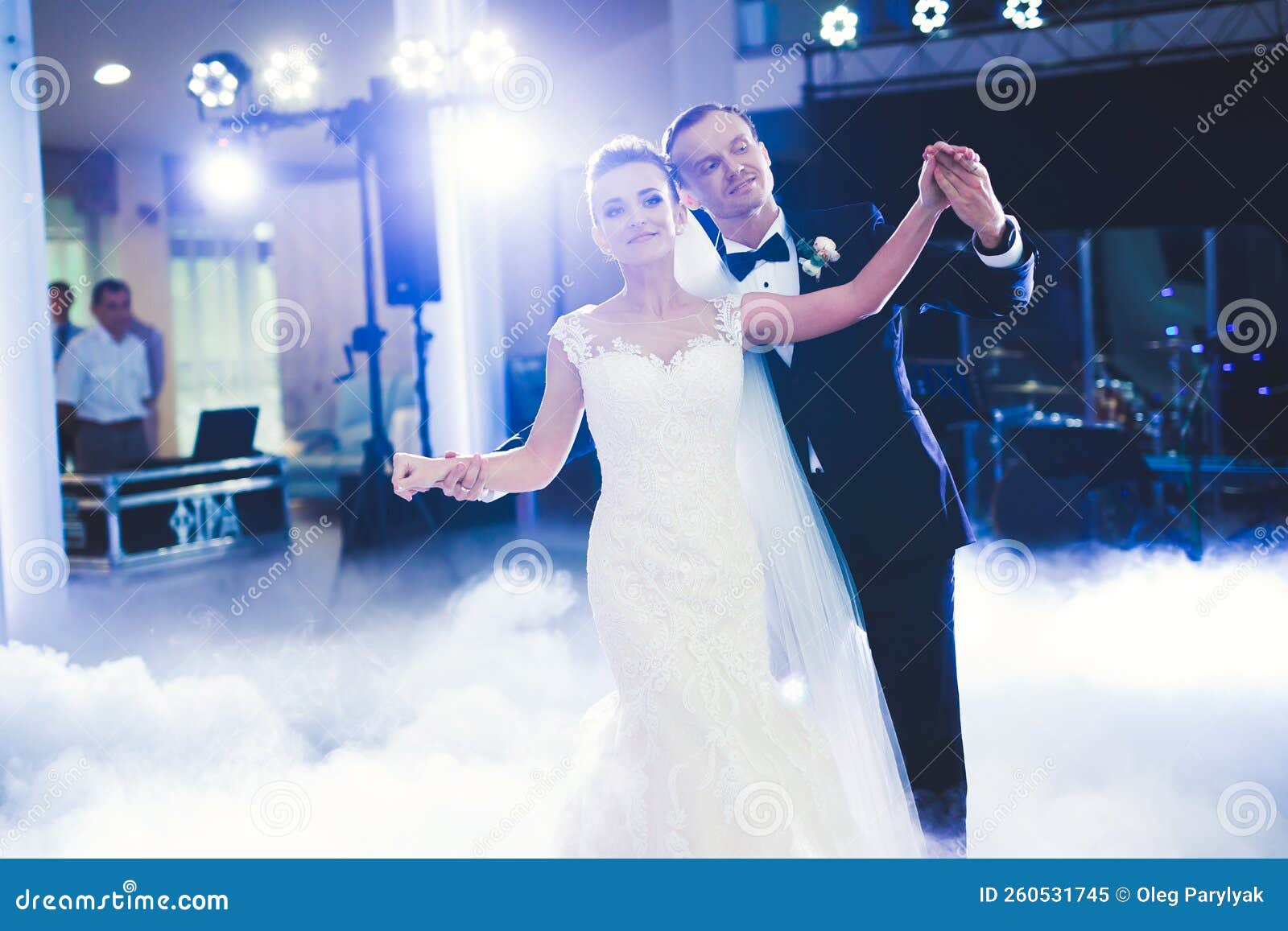 First Wedding Dance of Newlywed Couple in Restaurant Stock Image ...