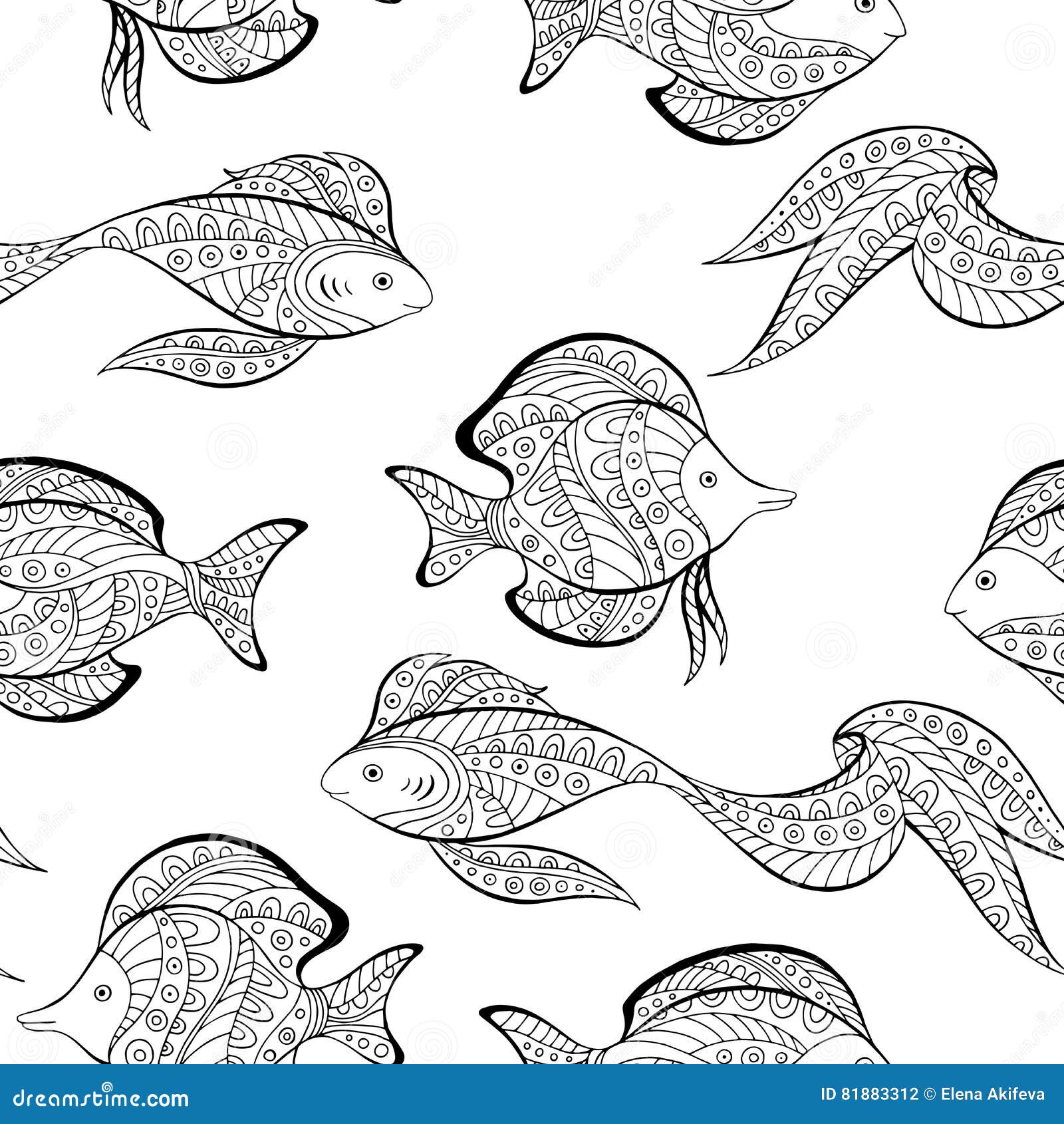Fish Abstract Doodle Graphic Black White Seamless Pattern Illustration ...