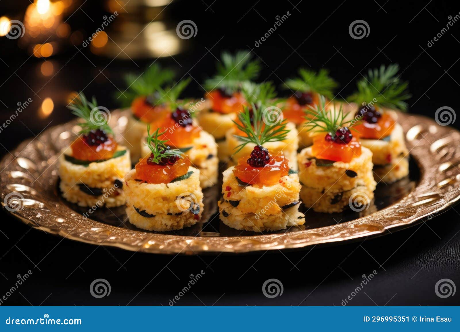 Fish Appetizers with Caviar and Greens on a Golden Dish Stock Image ...