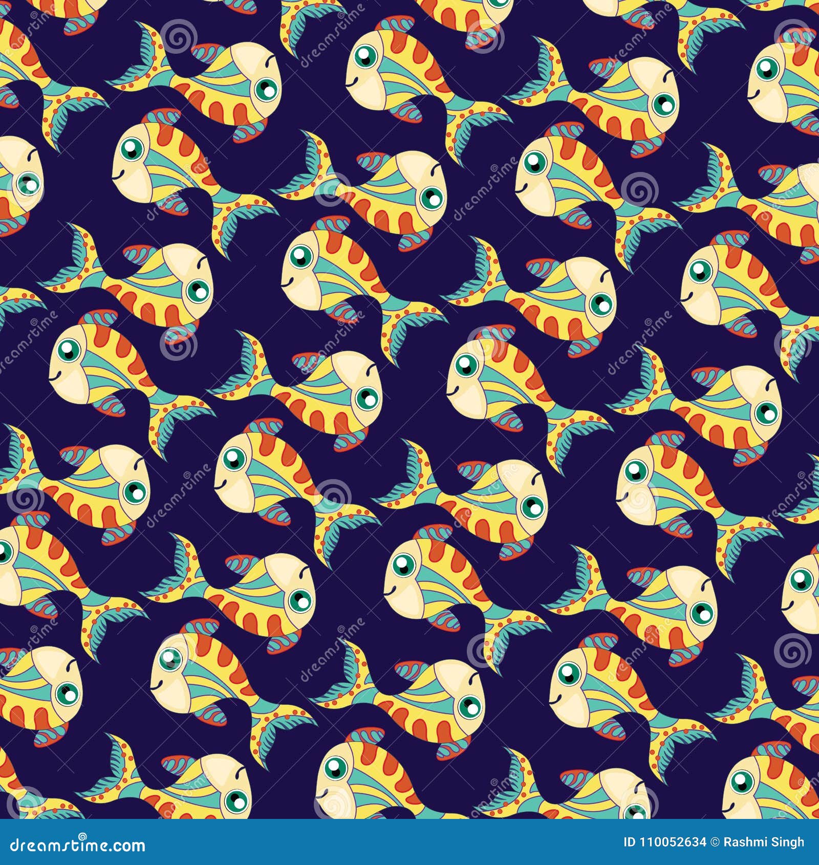 Fish Background Vector. Seamless Cute Colorful Fishes on Dark ...