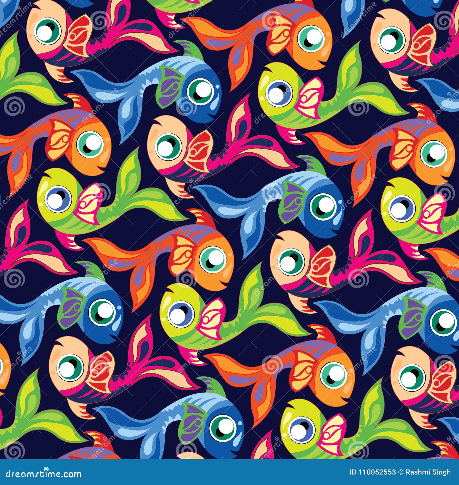 Fish Background Vector. Seamless Cute Colorful Fishes on Dark ...