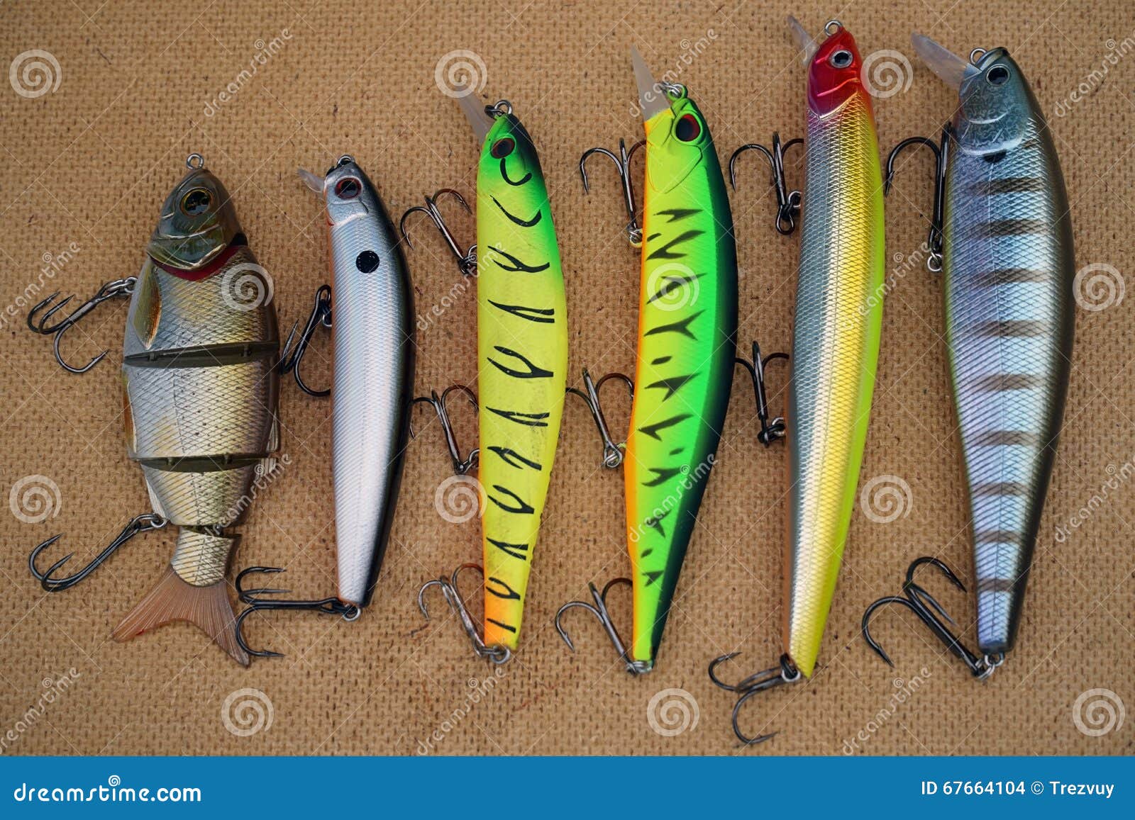 Fish baits set on wooden stock photo. Image of minnow - 67664104