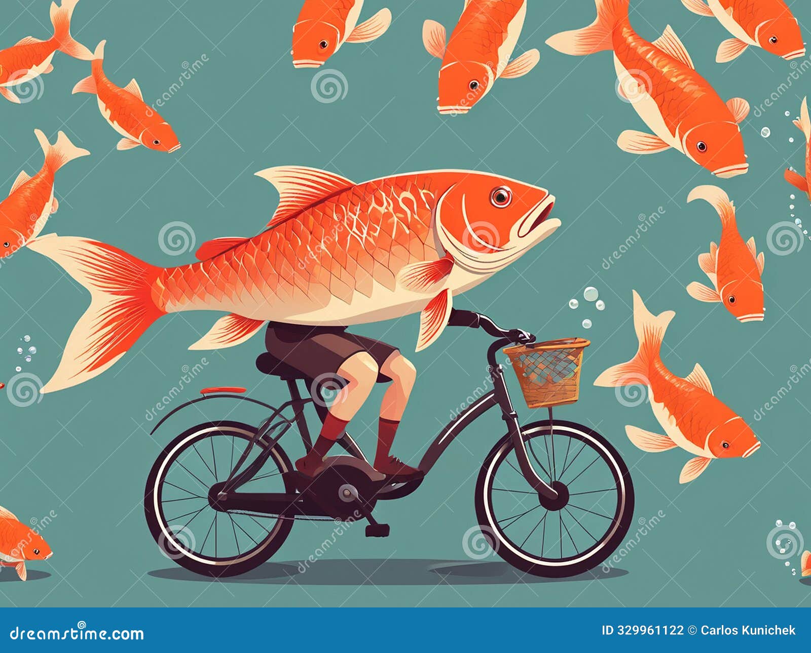 Fish on Bike. Carp on Bicycle Cartoon. Flat Design - Generated by Ai ...