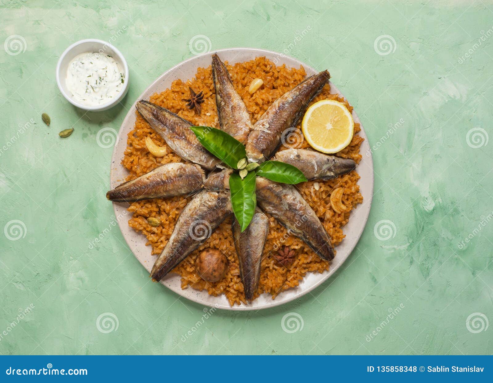 Fish Biryani. Saudi Arabian Fish Kabsa. Top View. Stock Photo - Image ...