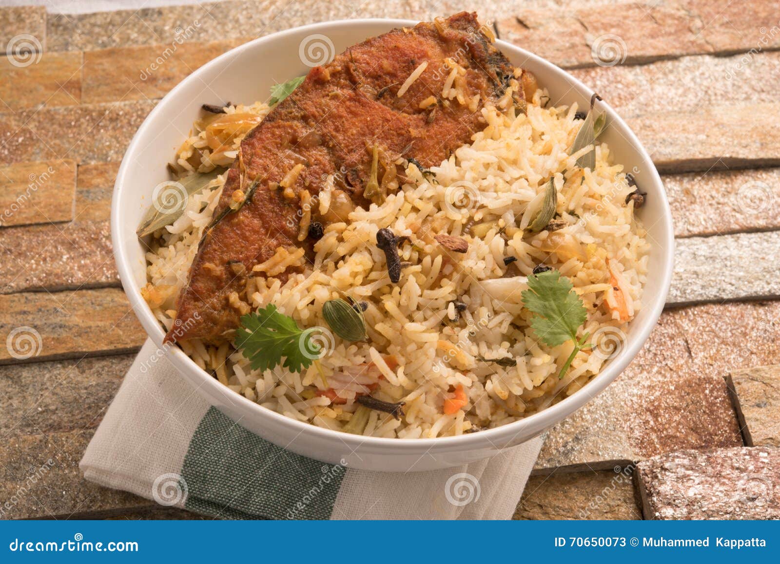 Fish Biryani in a White Bowl on Stone Background. Stock Image - Image ...