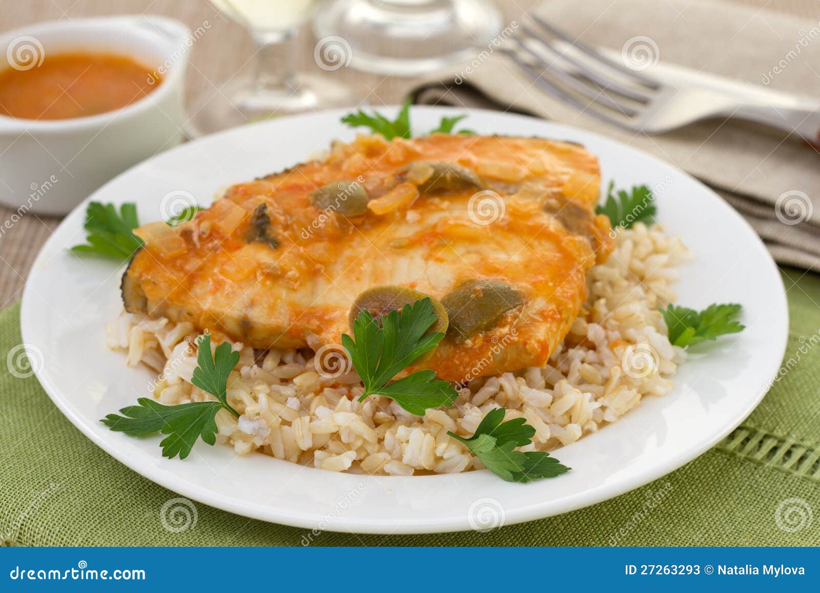 Fish with Boiled Rice and Glasses Stock Image - Image of fork, sauce ...