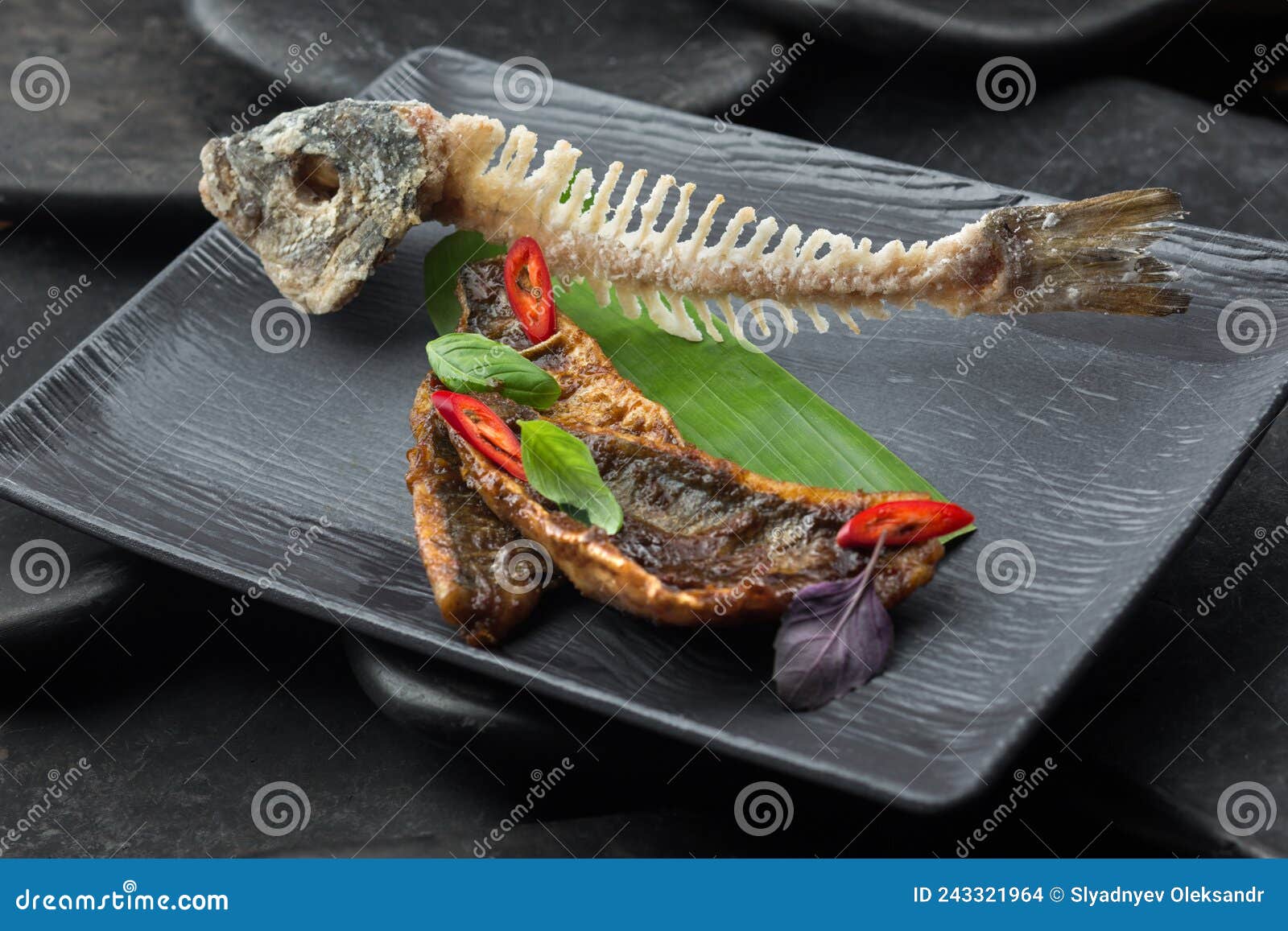Fish and Bones on a Plate. Photo of Food on a Dark Background Stock ...