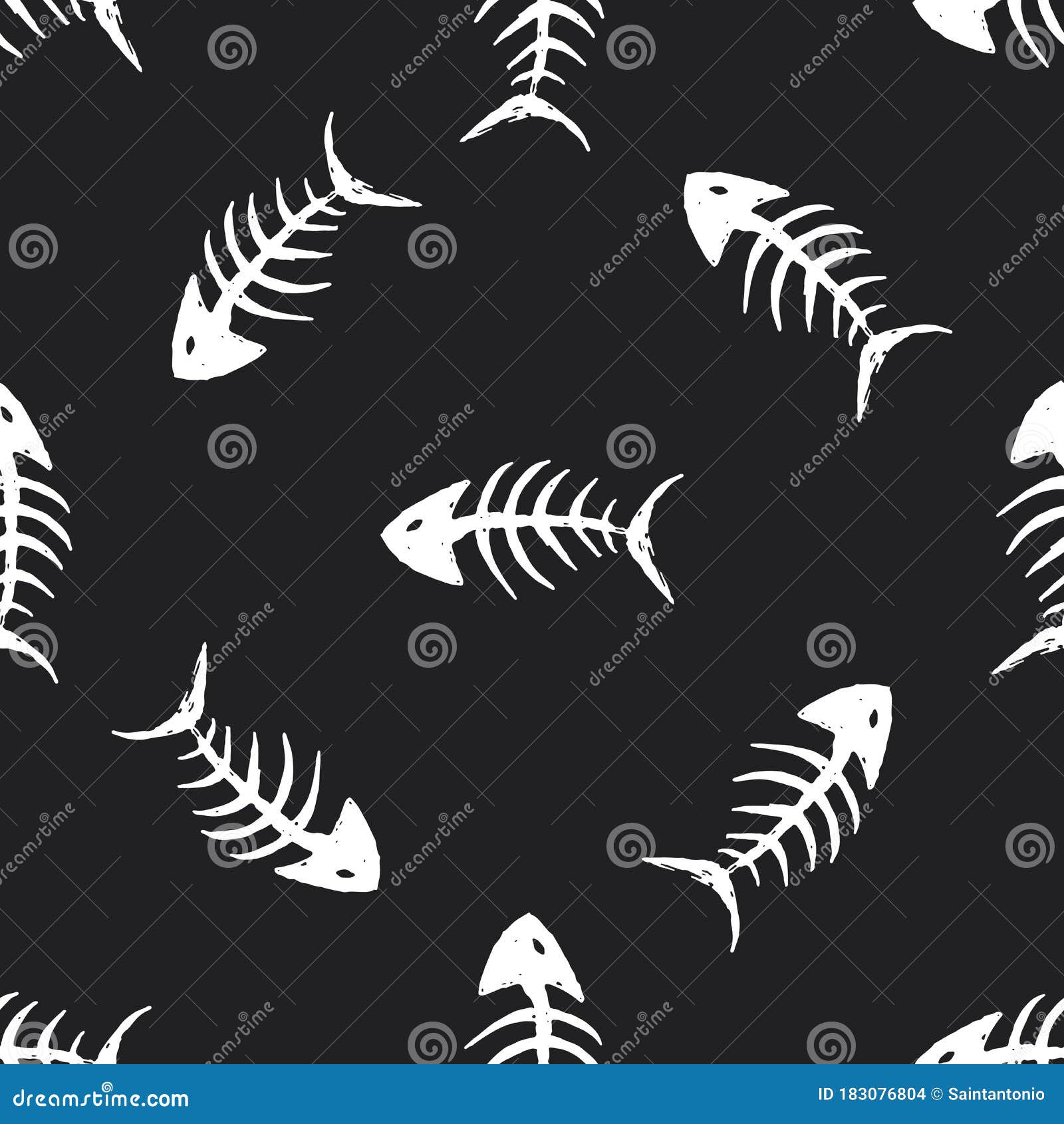 Fish Bones Seamless Pattern. Fish Skeleton Doodle, Hand Drawn Cartoon ...