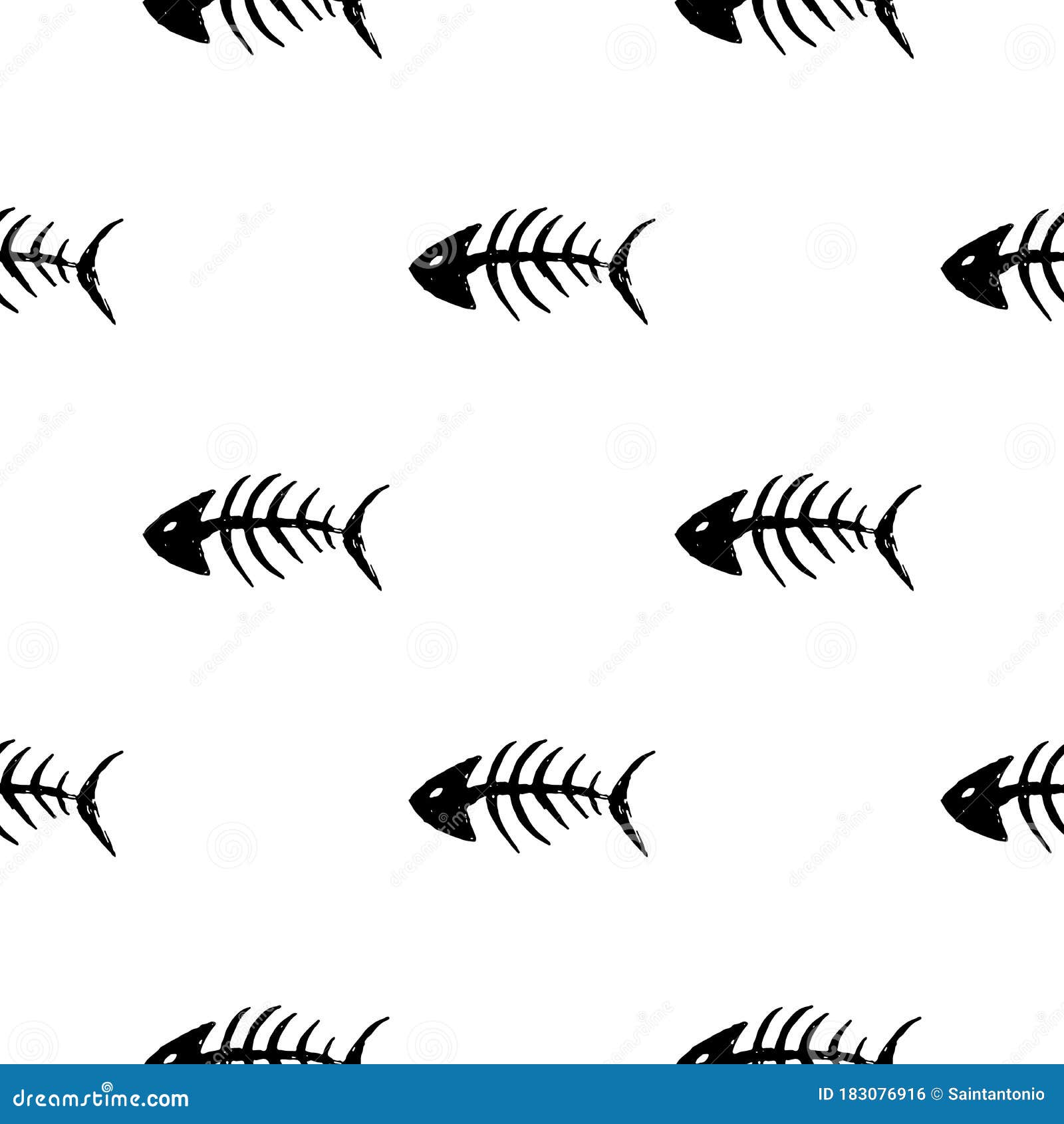 Fish Bones Seamless Pattern. Fish Skeleton Doodle, Hand Drawn Cartoon ...