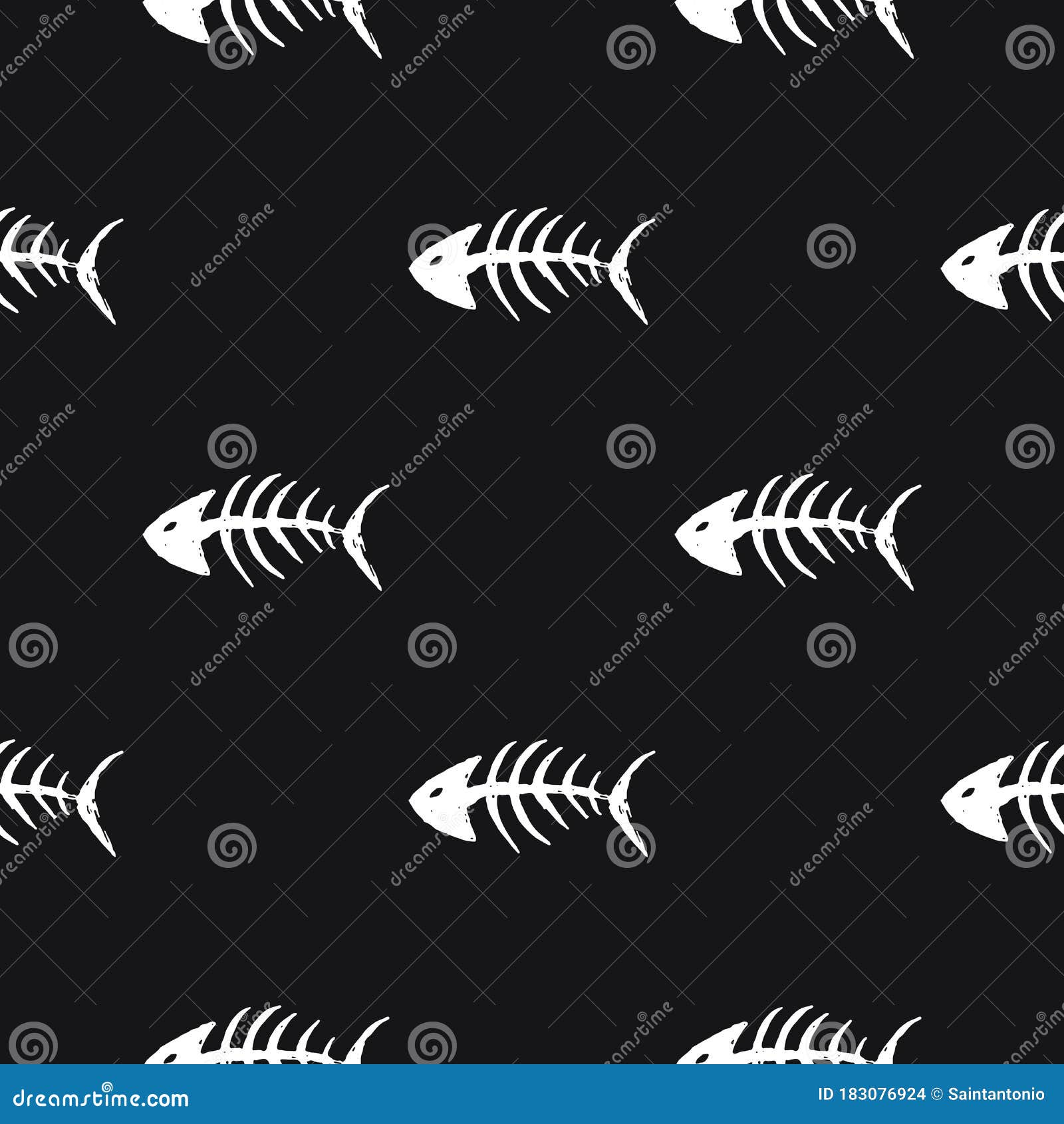 Fish Bones Seamless Pattern. Fish Skeleton Doodle, Hand Drawn Cartoon ...