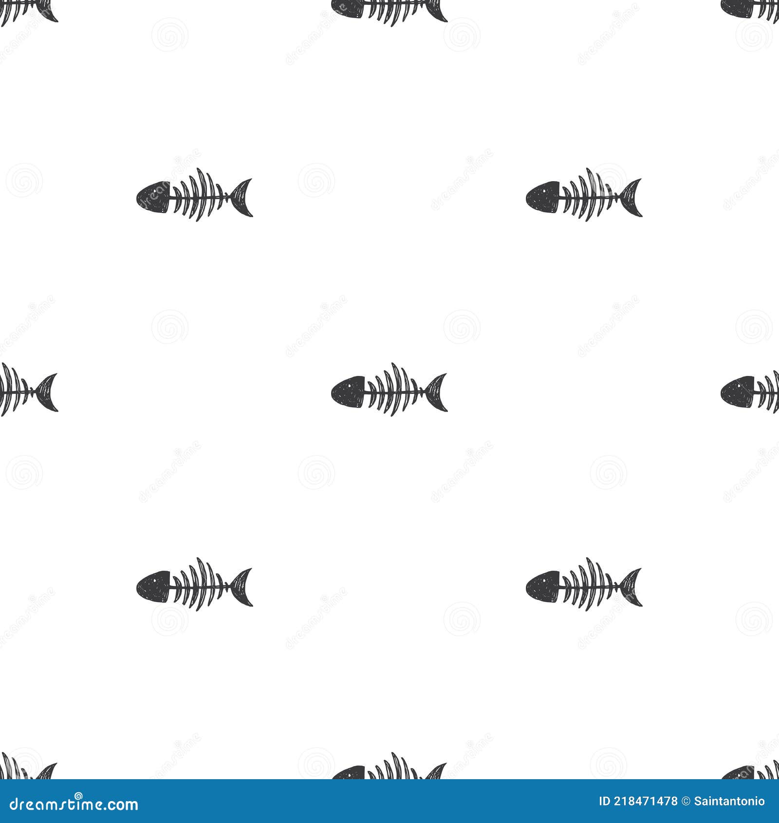 Fish Bones Seamless Pattern. Fish Skeleton Sketch, Hand Drawn Cartoon ...