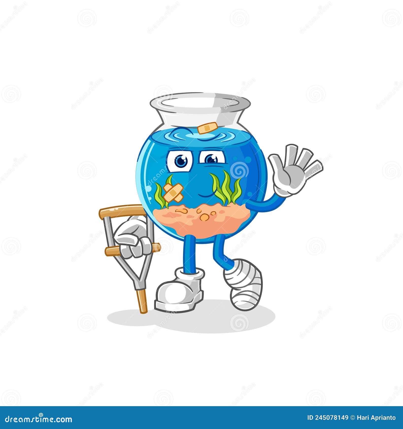 Fish Bowl Sick with Limping Stick. Cartoon Mascot Vector Stock Vector ...