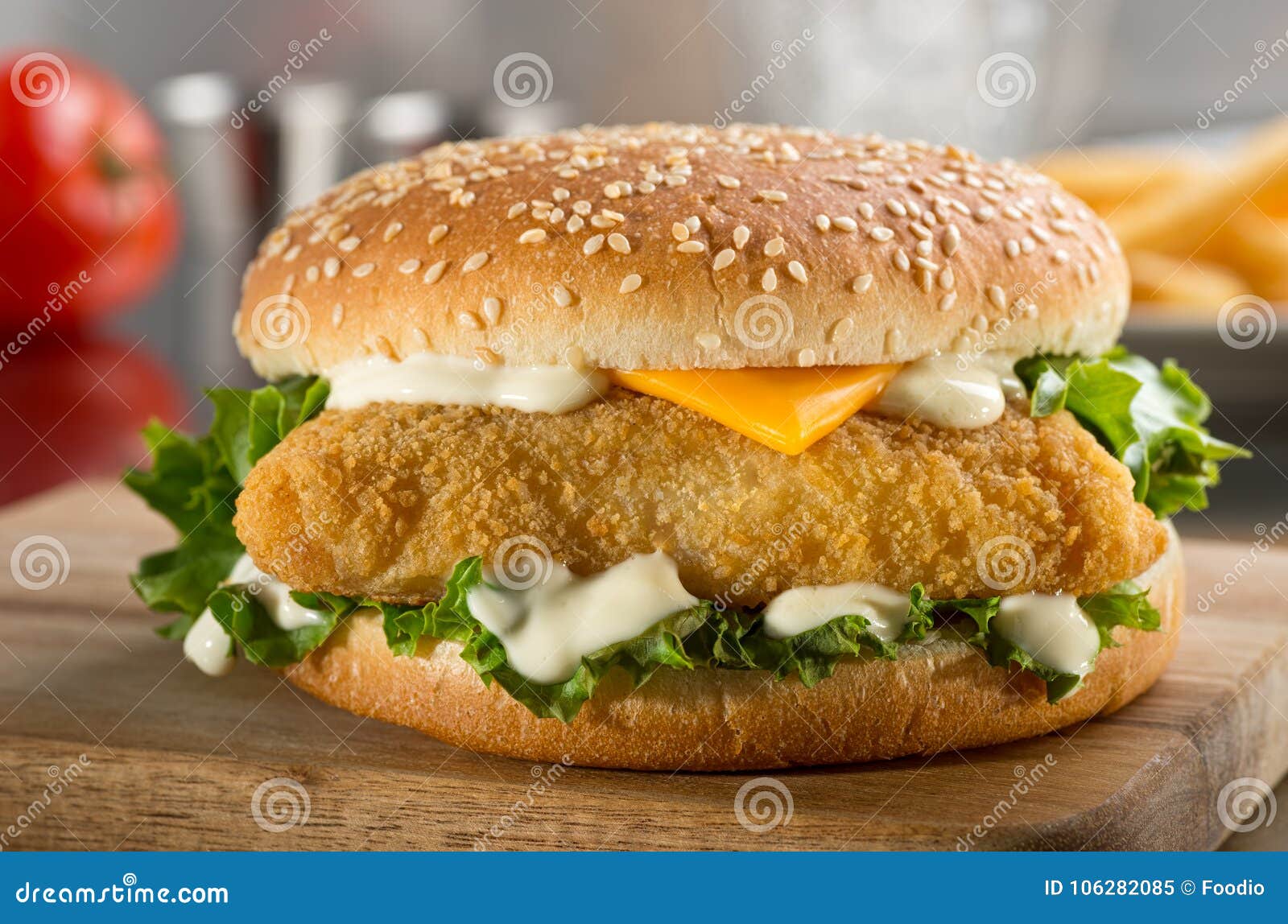 Fish Burger With Cheese And Mayonnaise Close Up Isolated On White ...