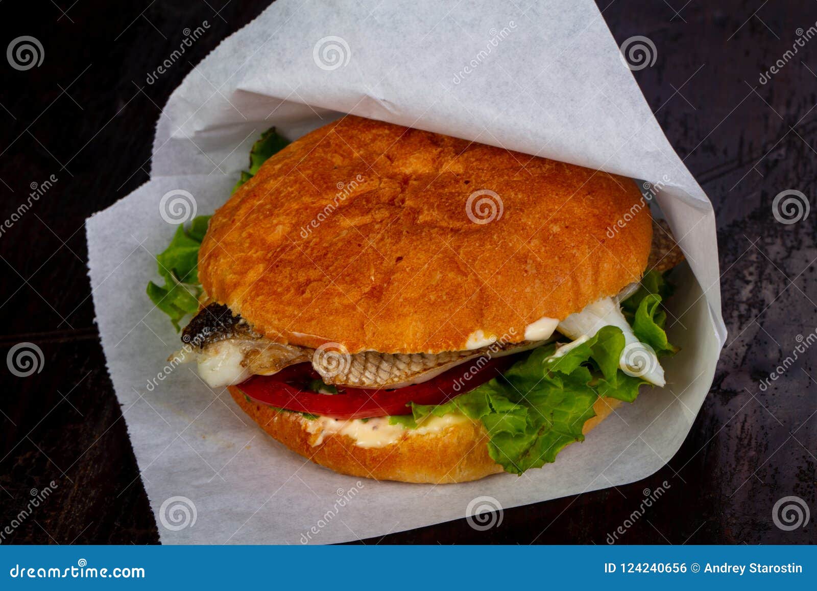 Fish burger with seabass stock photo. Image of burger - 124240656