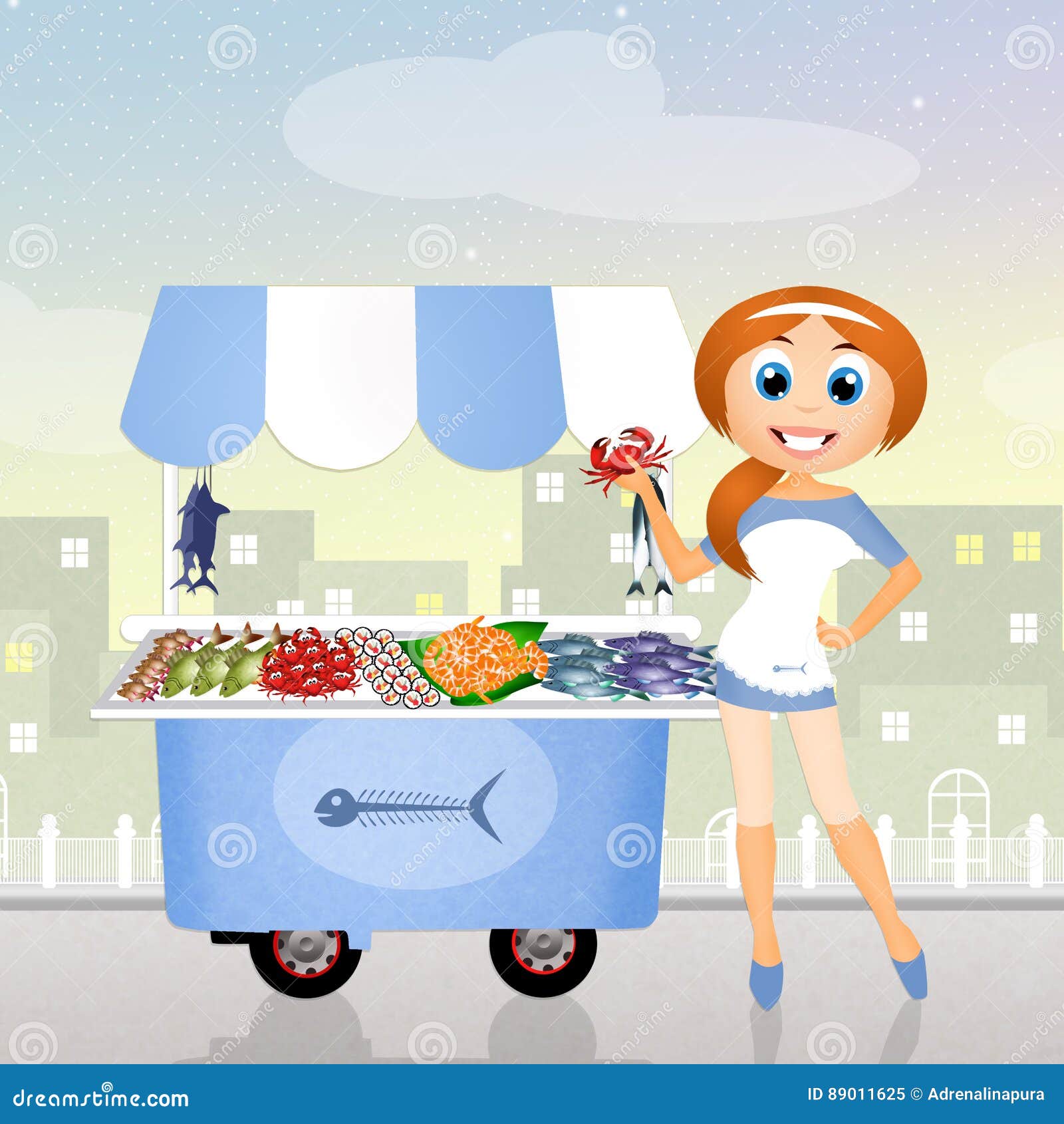 Fish cart stock illustration. Illustration of joyful - 89011625