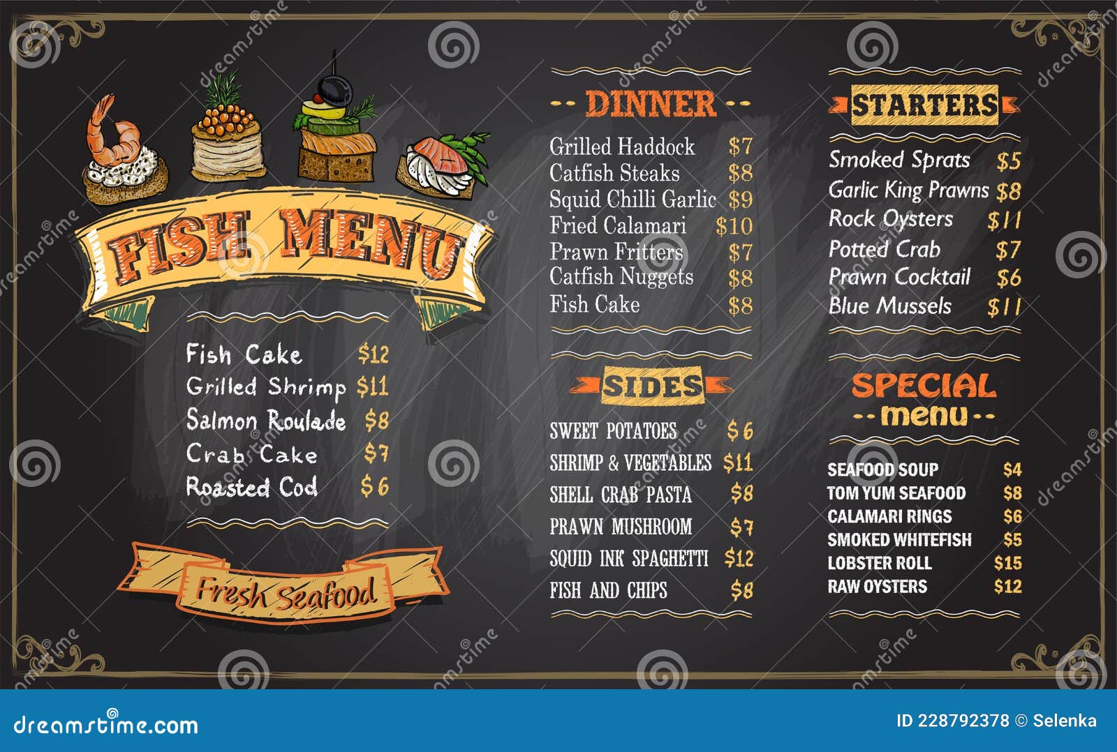 Fish Chalk Menu Board Vector Mockup With Dinner, Starters, Sides And ...