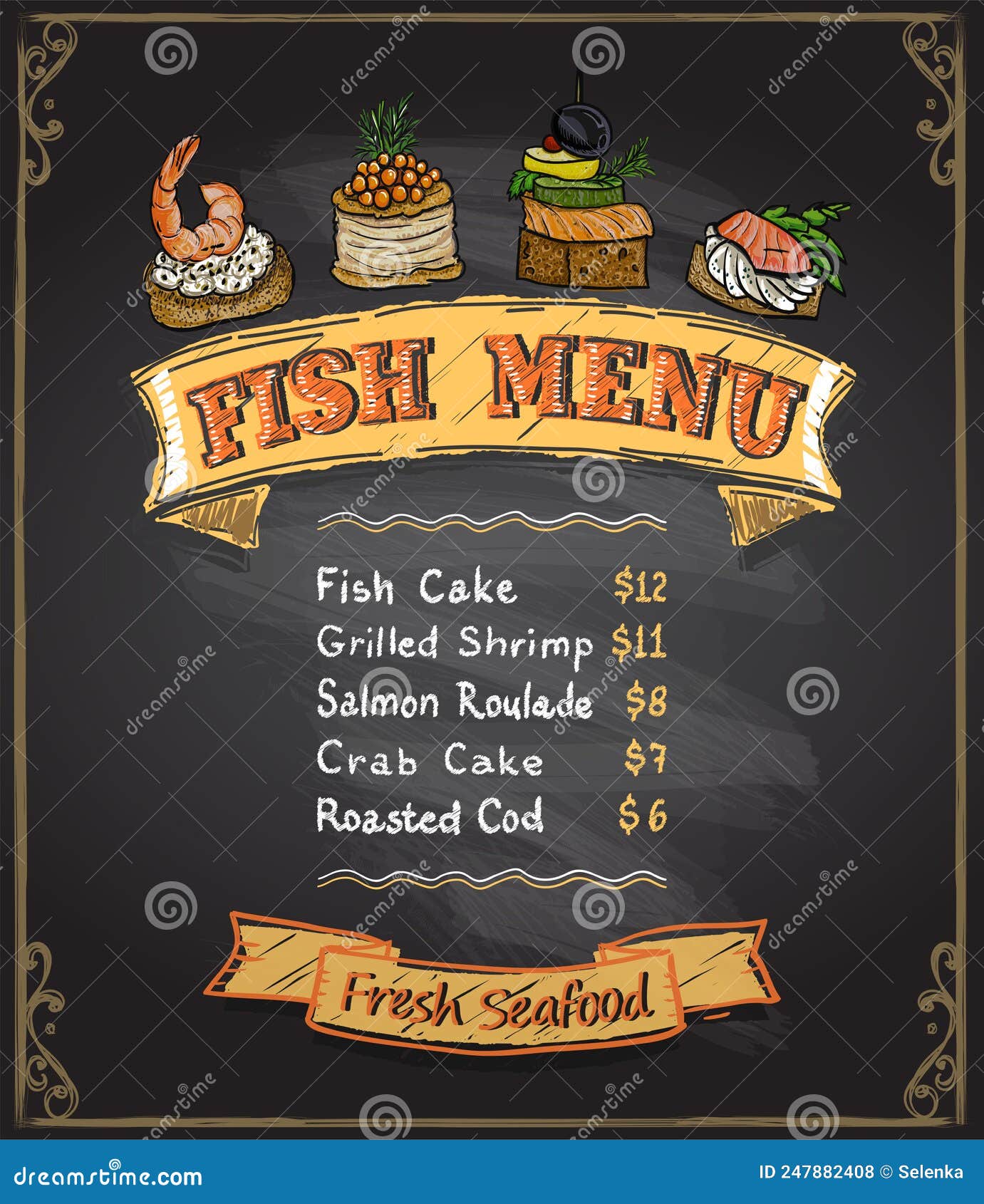 Fish chalk menu board stock vector. Illustration of black - 247882408