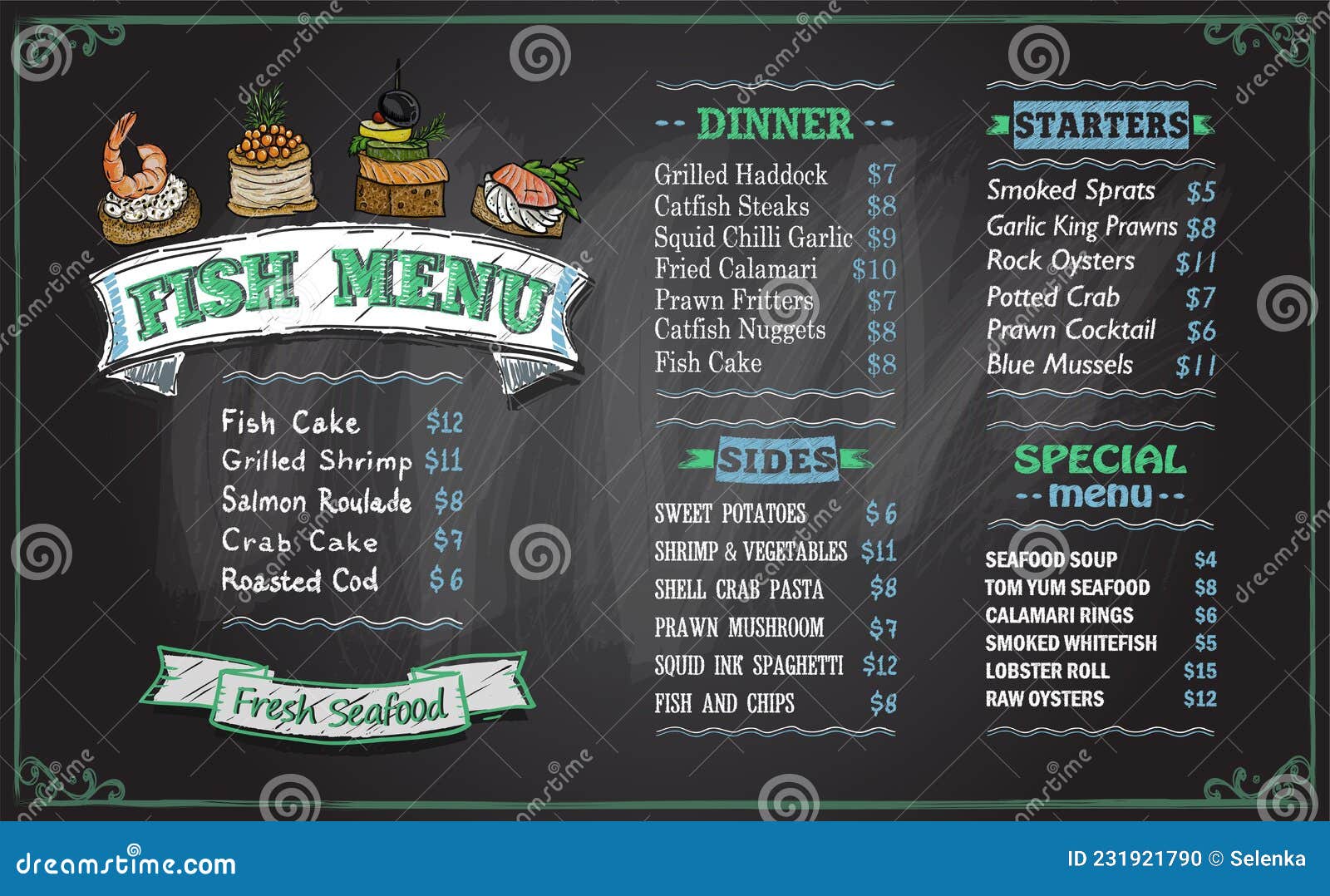 Fish Chalk Menu Board Vector Template Stock Vector - Illustration of ...