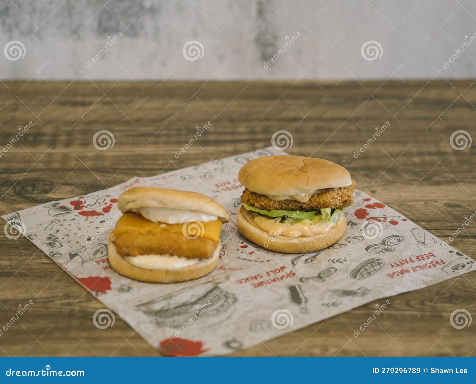 Fish and Chicken Burger on Table Stock Image - Image of caramelized ...