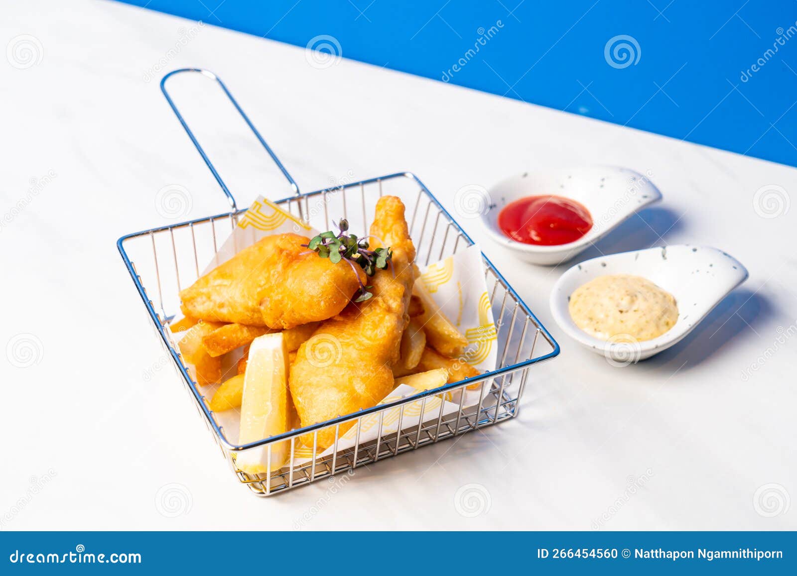Fish and Chips in Basket with Sauce Stock Photo - Image of seafood ...