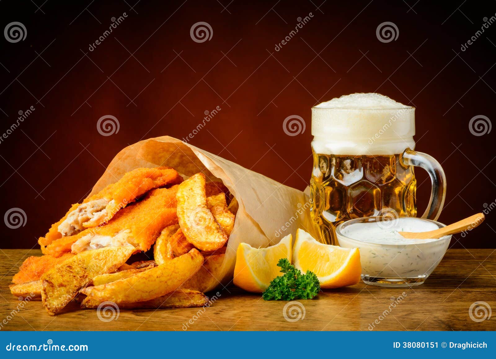 Fish, chips and beer stock image. Image of potatoes, paper - 38080151