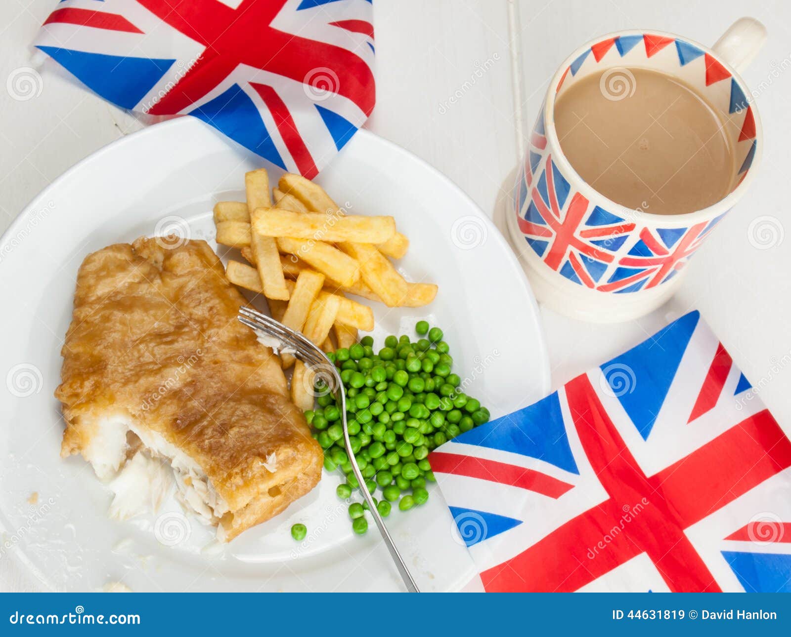 Fish And Chips With A Cup Of Tea In A Union Jack Mug And Britis Stock ...