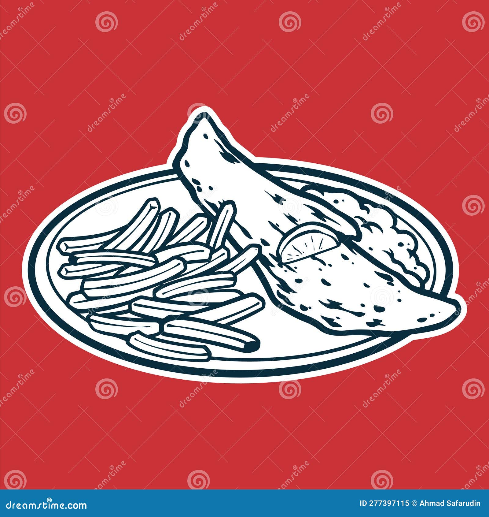 Fish and Chips - Drawing Vector Illustration, Black and White Colors ...