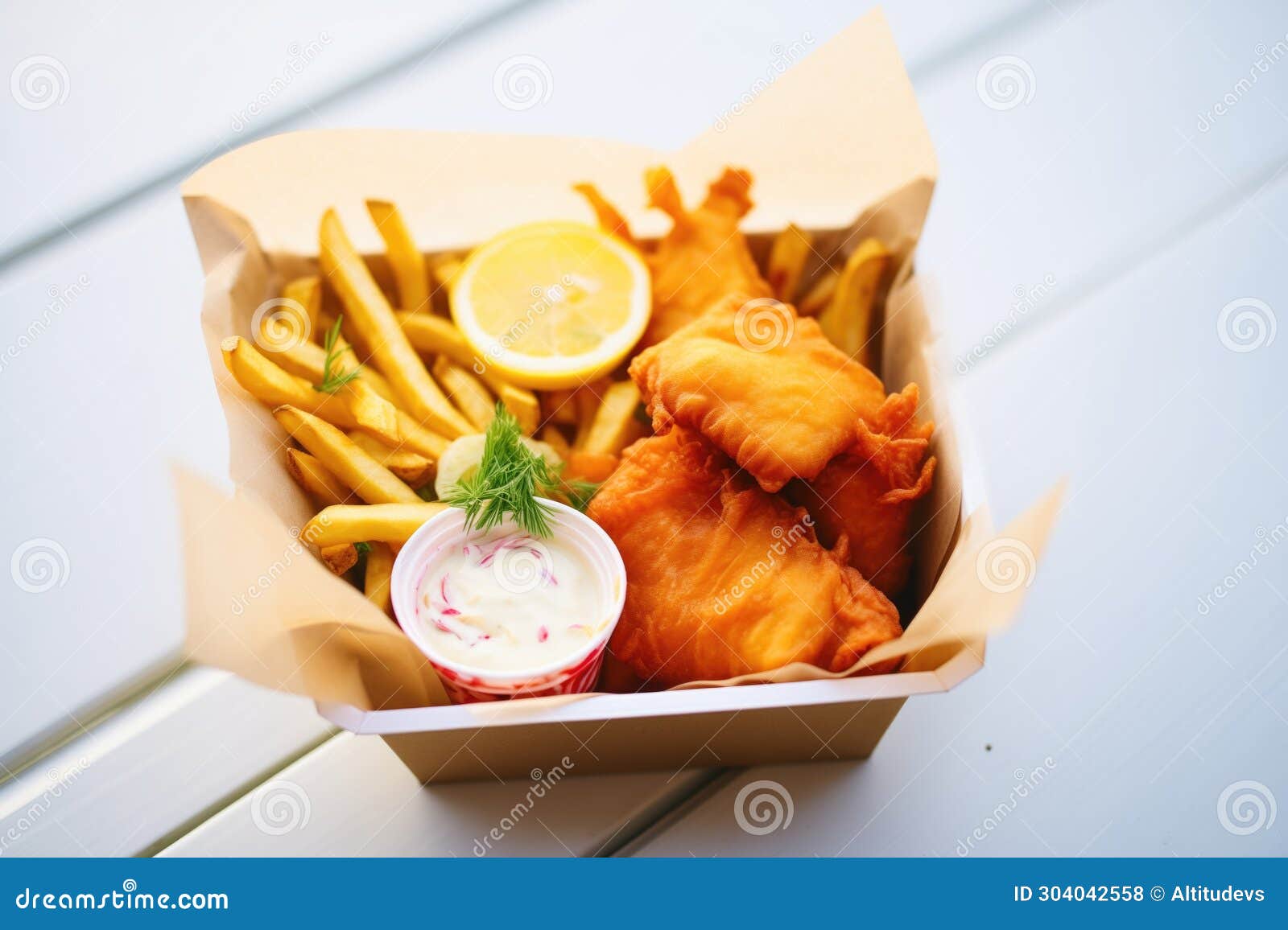 Fish and Chips in a To-go Box with Sauce Packets Stock Photo - Image of ...