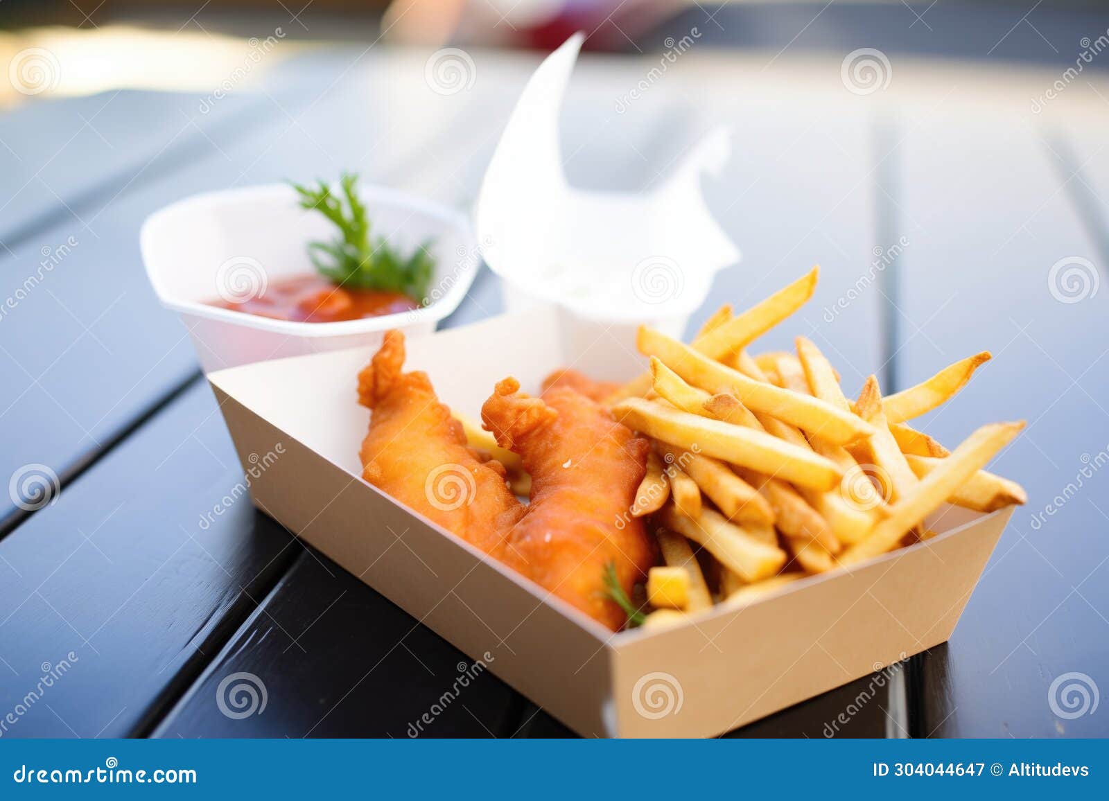 Fish and Chips in a To-go Box with Sauce Packets Stock Image - Image of ...