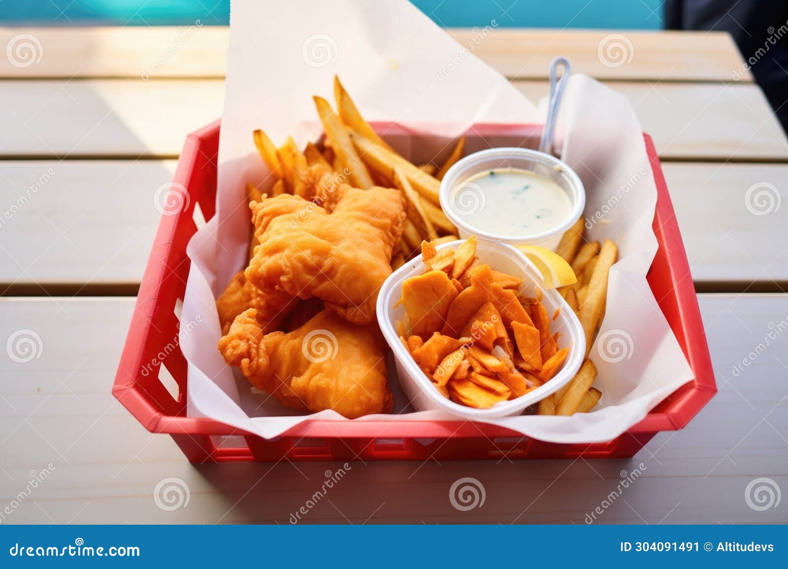 Fish and Chips in a To-go Box with Sauce Packets Stock Image - Image of ...