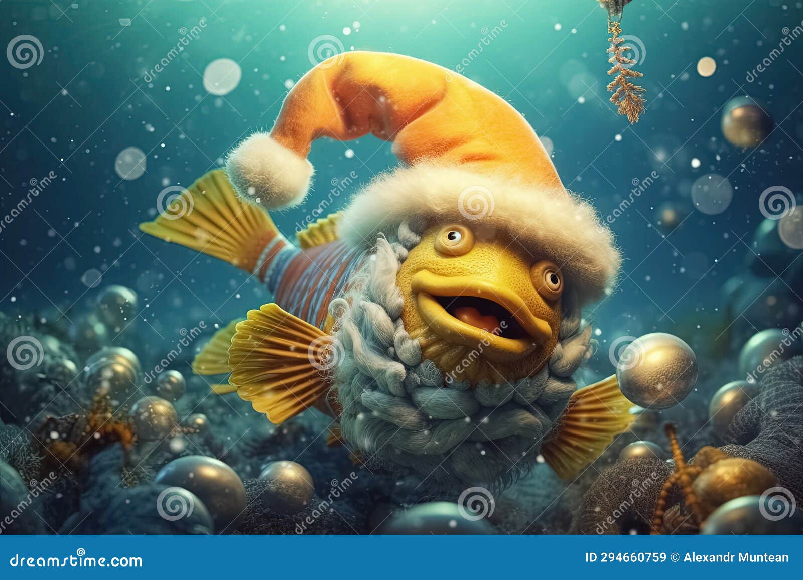 Fish in a Christmas Hat, Merry Christmas Card. Stock Illustration ...