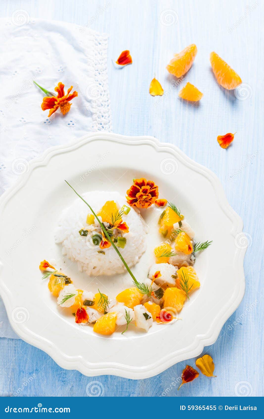 Fish in Citrus Sauce with Rice. Stock Image - Image of background ...