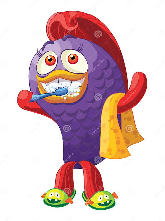 Fish Cleans Teeth. Vector Character Stock Vector - Illustration of ...