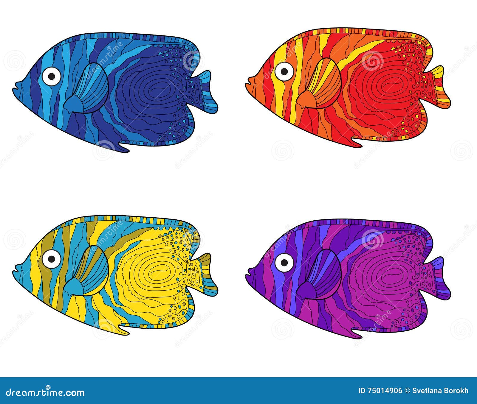Fish Colorful Set. Hand Drawing Stock Vector - Illustration of tropic ...