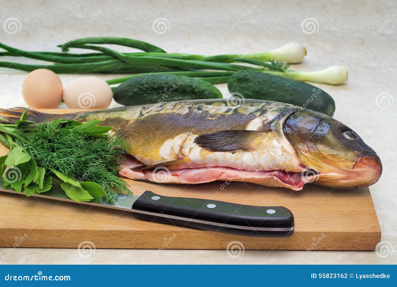 Fish and Components for Her Preparation: Vegetables, Spices, Onions ...