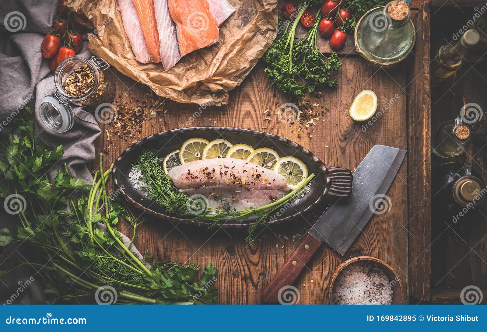 Fish Cooking Preparation with Various Fish Fillets, Baking Pan in Fish ...