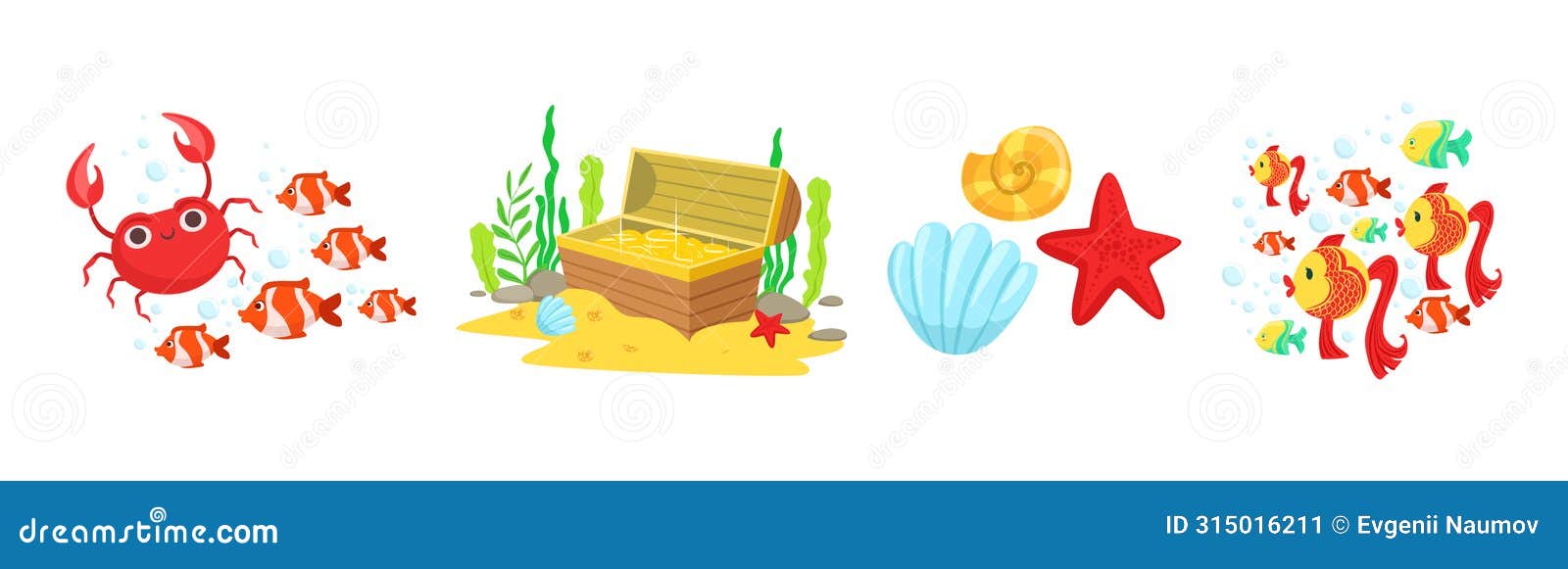 Fish, Crab, Shell and Treasure Chest As Sea Bottom Element Vector Set ...