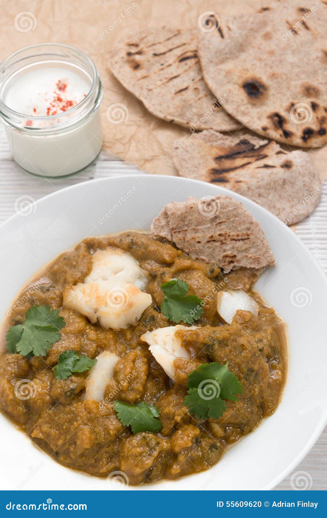 Fish Curry Meal with Chapati Flatbread & Raita Stock Photo - Image of ...