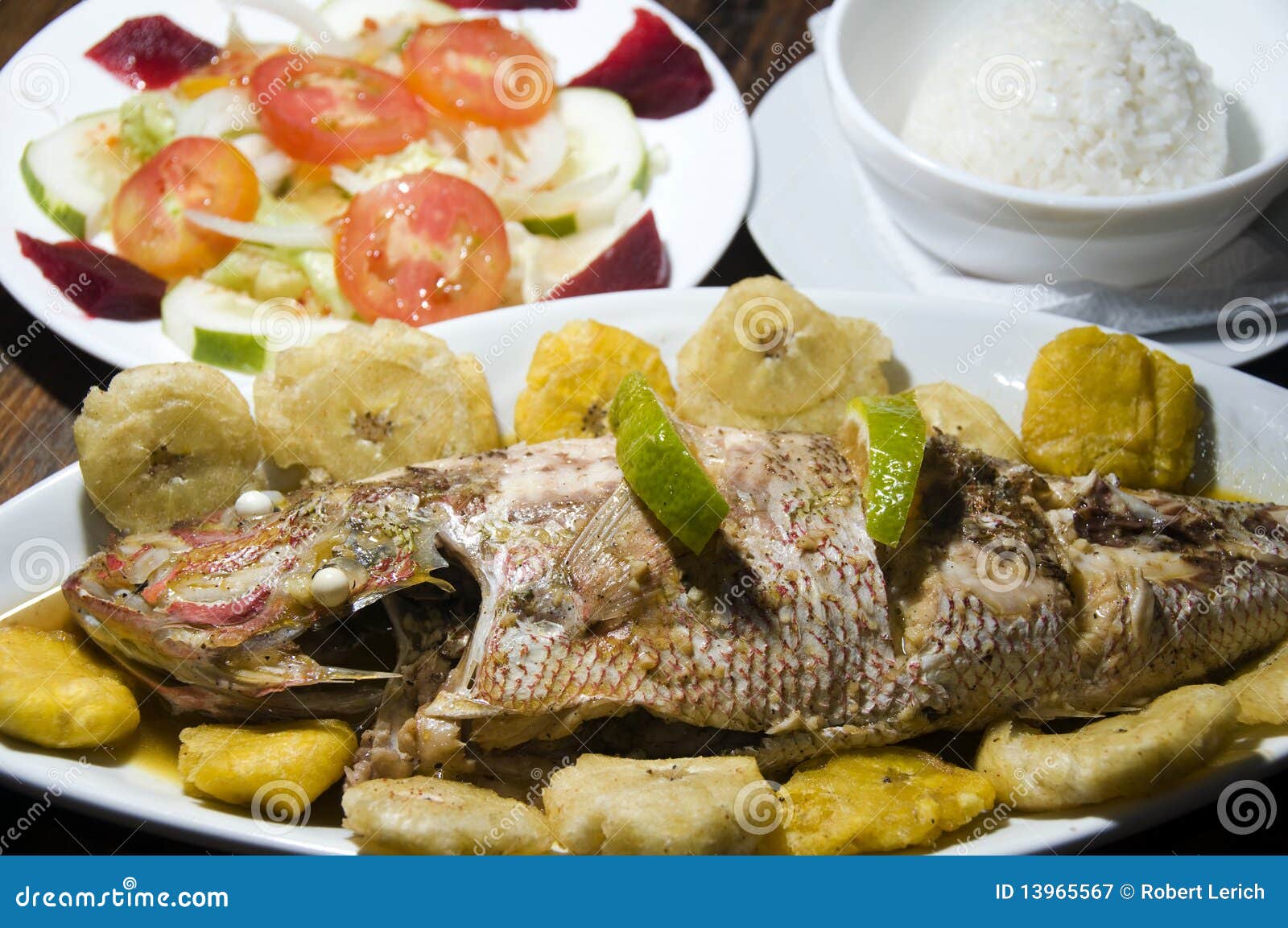 Fish Dinner Tostones Corn Island Nicaragua Stock Image - Image of salad ...