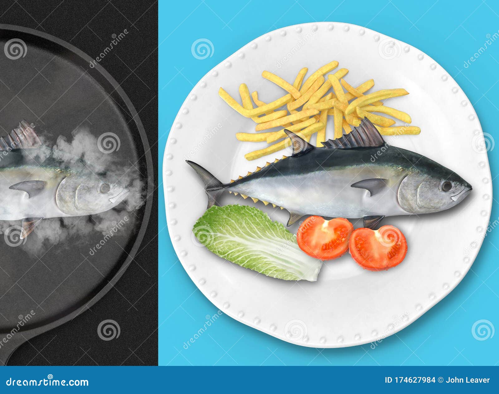 Fish Dinner on a White Plate Stock Illustration - Illustration of ...