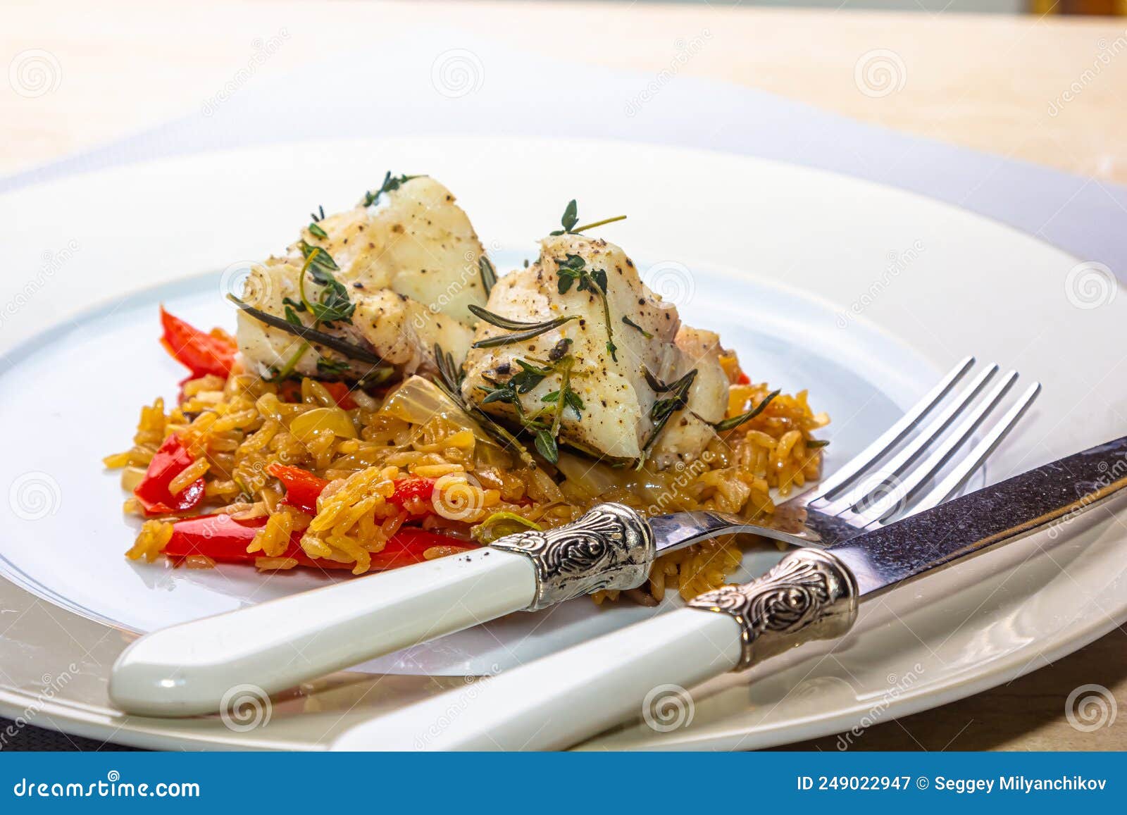 Fish Dish - Fried Cod Fillet with Boiled White Rice and Fresh Fruit ...