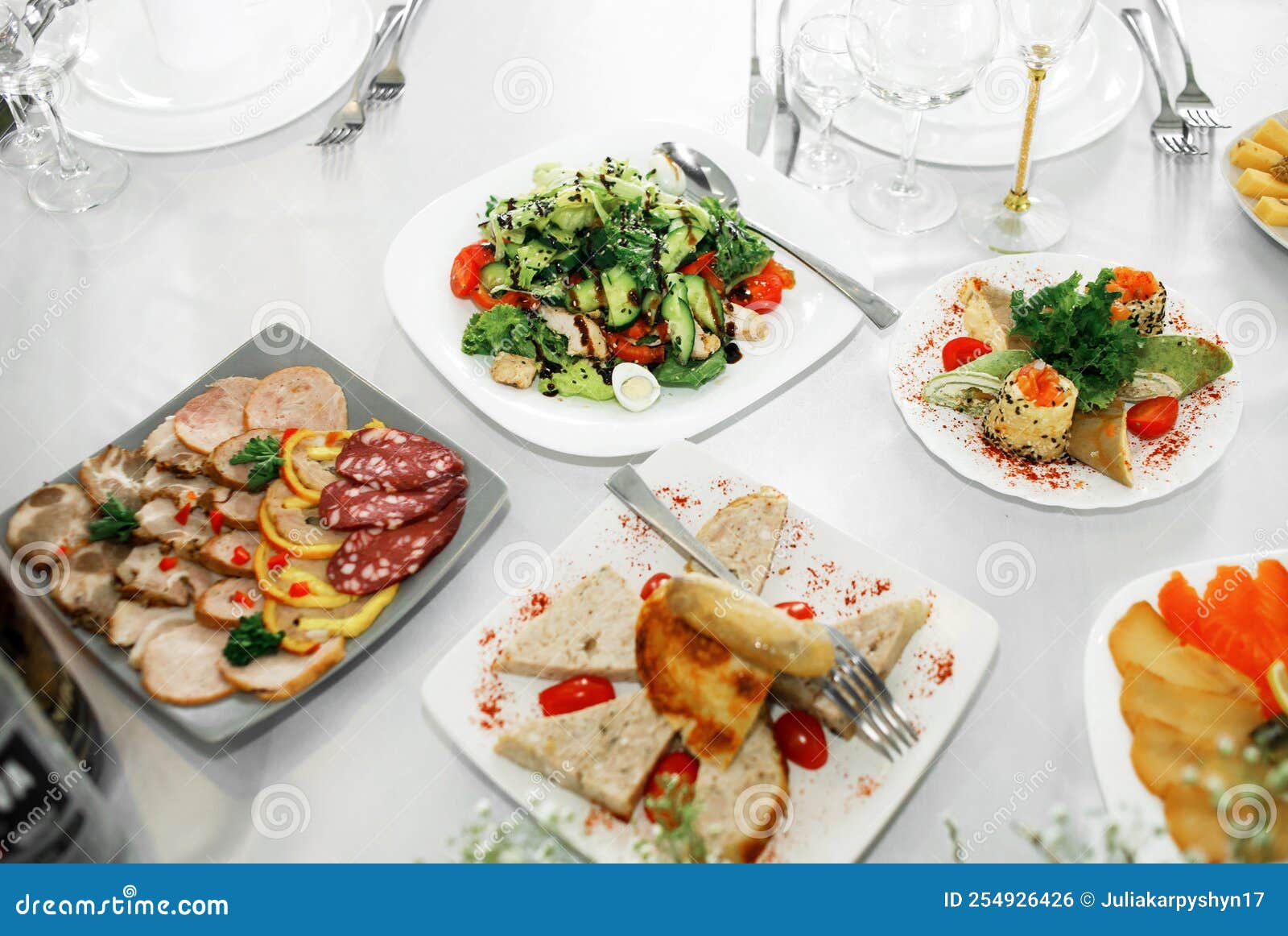 Fish Dishes on the Banquet Table, Logos, Snacks, Vegetables Stock Photo ...